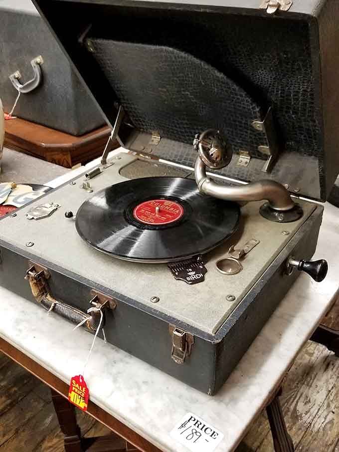 This portable record player still has a vinyl ready to spin, probably something your parents slow-danced to.