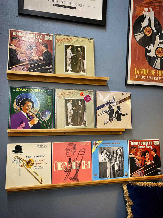 Vintage radios watch over the collection like guardians of a bygone era when music required actual effort.