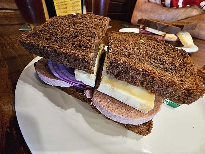 The limburger sandwich on dark rye: pungent, creamy, and unapologetically old-school in the best possible way.
