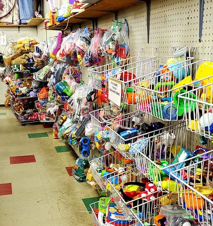 Colorful toys overflow from bins like a rainbow explosion, ready to spark joy in kids or nostalgic adults alike.