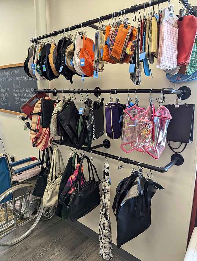 From practical purses to statement bags, this wall has more options than a diner menu in 1985.