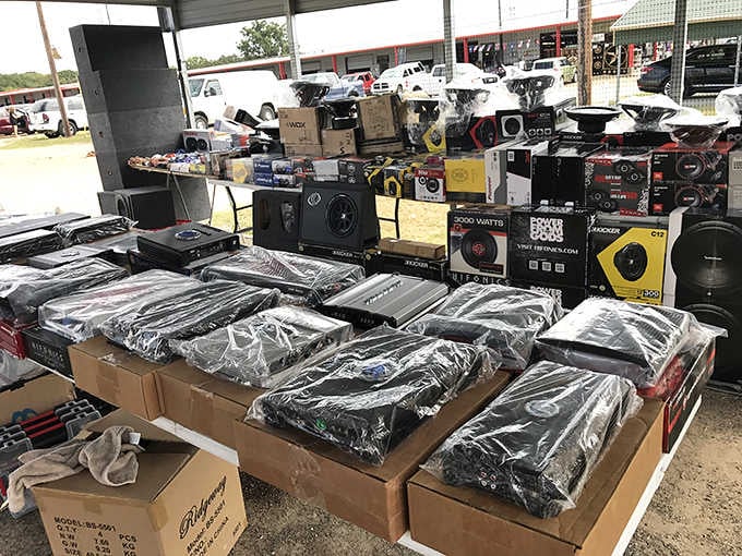 Car audio equipment and electronics attract tech enthusiasts looking for deals on sound systems and gadgets galore.