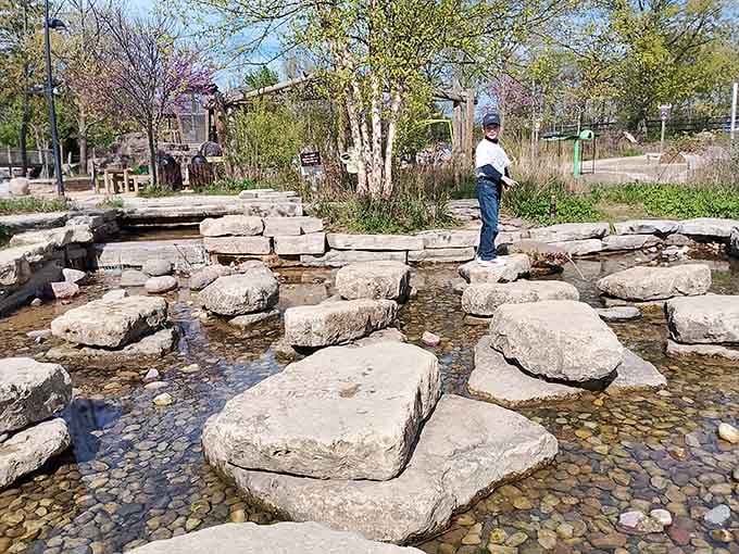 Stepping stones across water teach spatial awareness while giving kids that Indiana Jones feeling they absolutely crave daily.