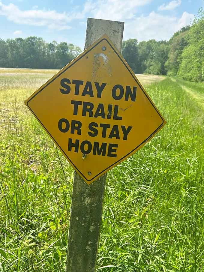 This no-nonsense sign delivers the trail's golden rule with the kind of straightforward wisdom your grandmother would appreciate and respect.