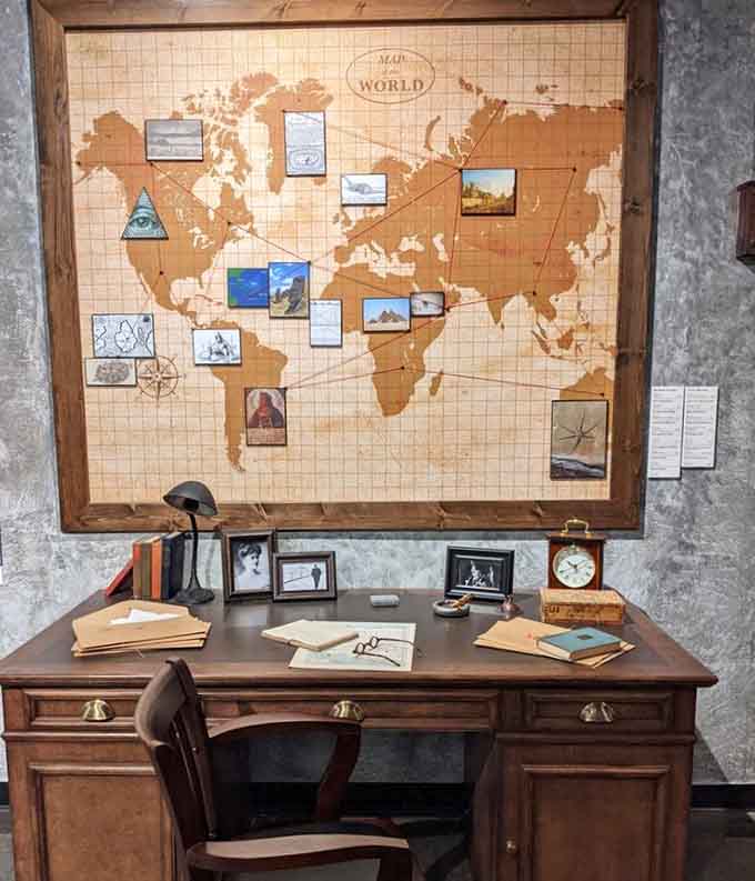 An explorer's desk straight out of an Indiana Jones movie, complete with world map and vintage travel vibes.