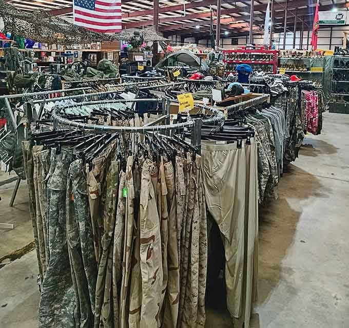 Military gear and outdoor apparel stretching into the distance like a camouflage-colored dream come true for adventurers.