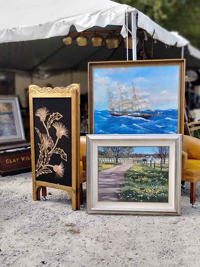 Maritime paintings and folk art frames offer windows into artistic visions, from sailing ships to pastoral scenes worth contemplating.
