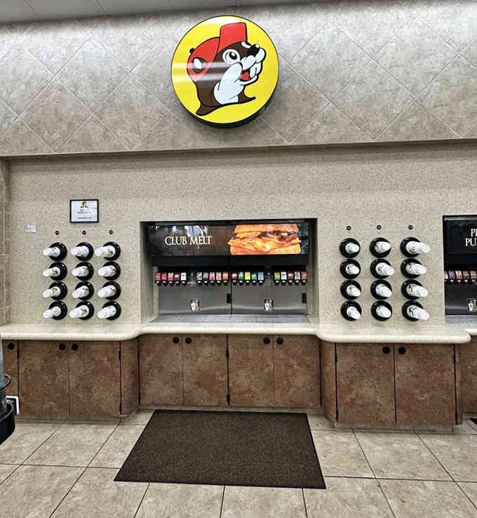 The fountain drink station offers more flavor combinations than most cocktail bars, minus the hangover potential tomorrow.