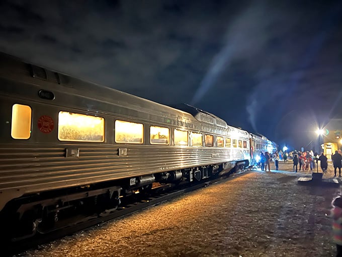 Evening excursions transform the train into a glowing time capsule rolling through the South Jersey darkness.