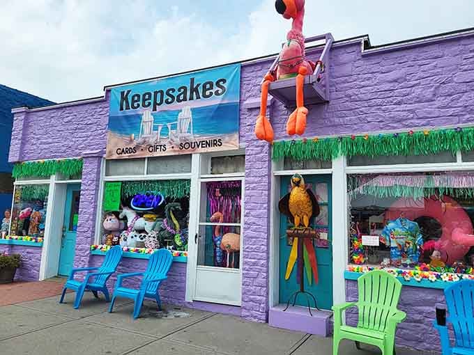 Keepsakes' purple exterior and tropical decorations scream "vacation mode activated" louder than any souvenir shop you've ever seen.