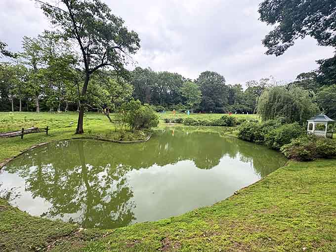 This tranquil pond is perfect for contemplating why you don't own waterfront property with a gazebo.