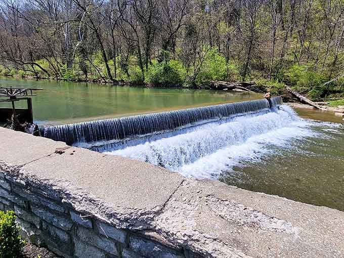 Glenn's Creek flows over this dam, providing the limestone-filtered water that makes Kentucky bourbon taste like Kentucky bourbon.