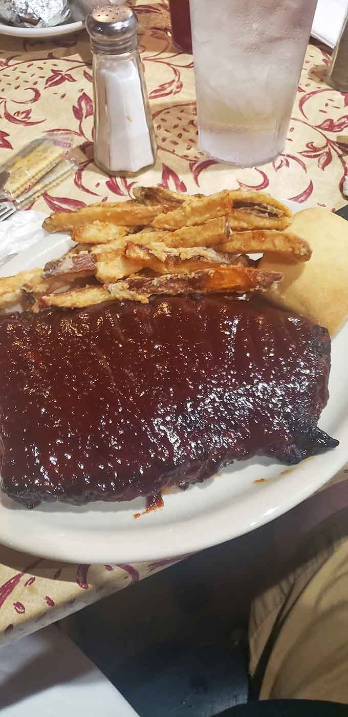 BBQ ribs glazed to perfection, proving that good things come to those who follow backroad directions.