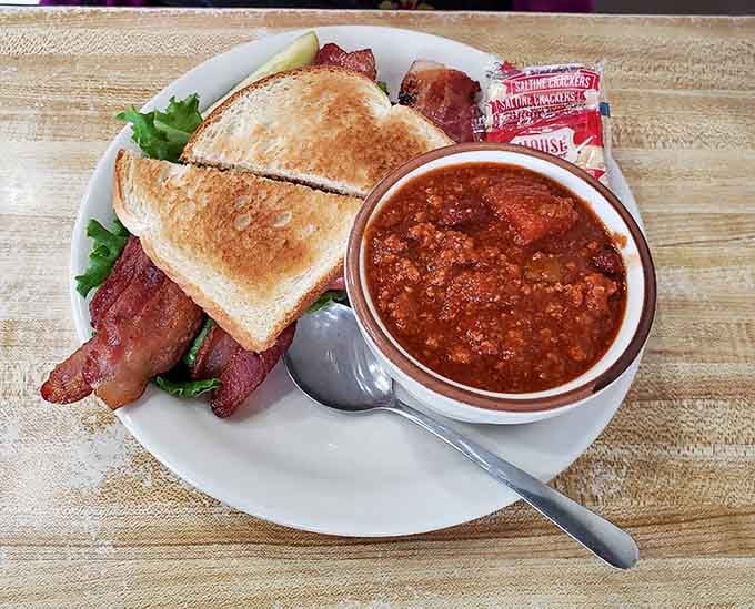 That BLT and chili combo is the kind of lunch that makes afternoon meetings feel slightly more bearable.