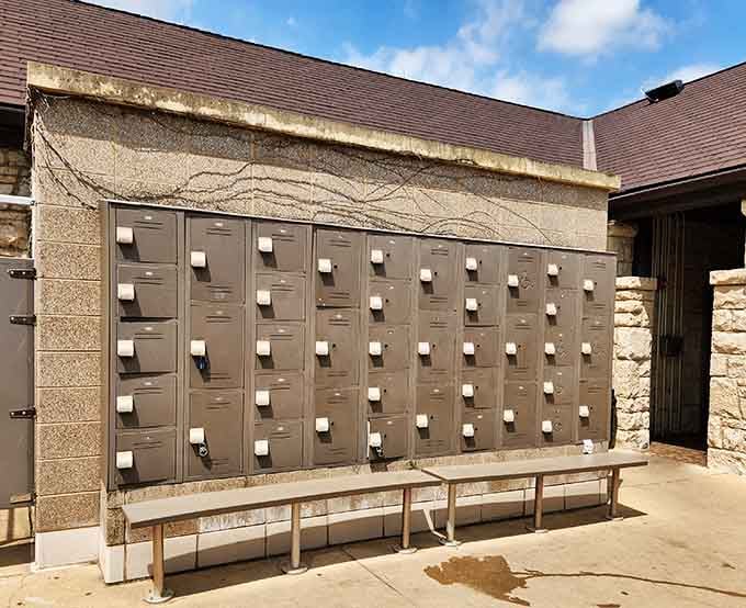 These lockers have seen more forgotten combinations and lost flip-flops than a TSA checkpoint during spring break season at O'Hare.