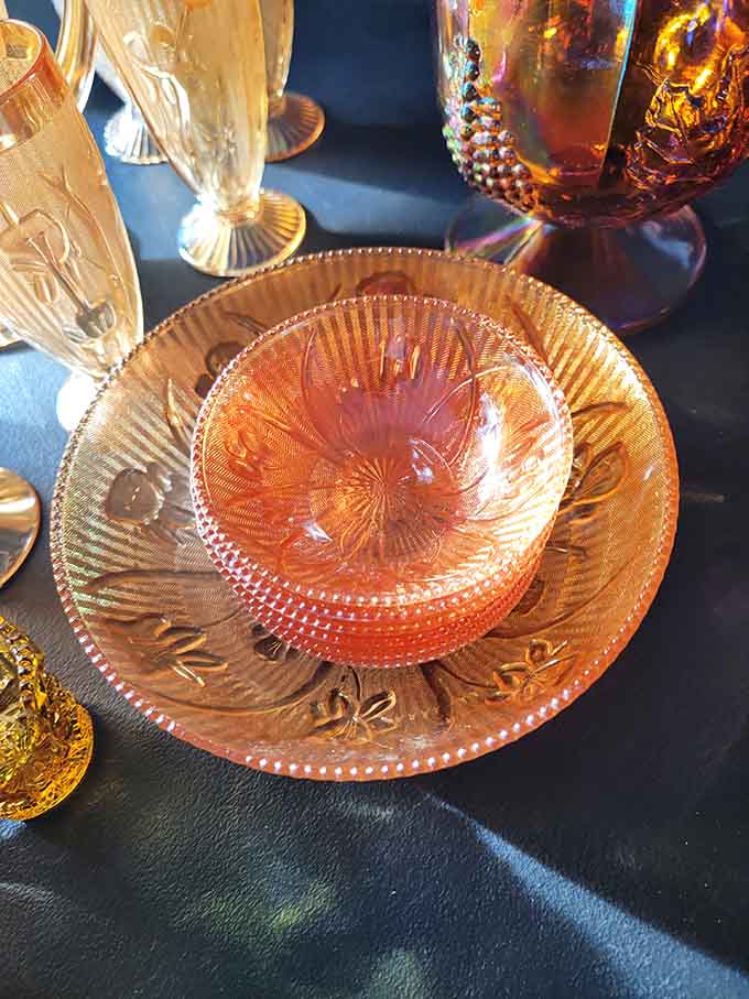 Depression glass catches the light like edible sunshine, making every meal feel like a special occasion worth remembering.