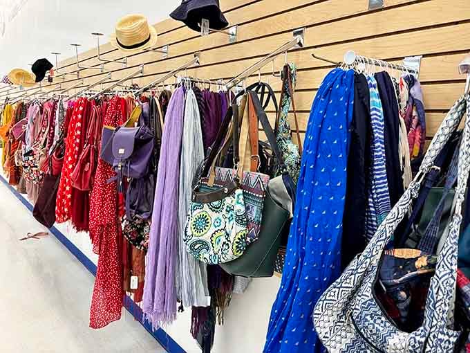 Scarves and accessories hang ready to transform any outfit from basic to fabulous without bankrupting your budget.