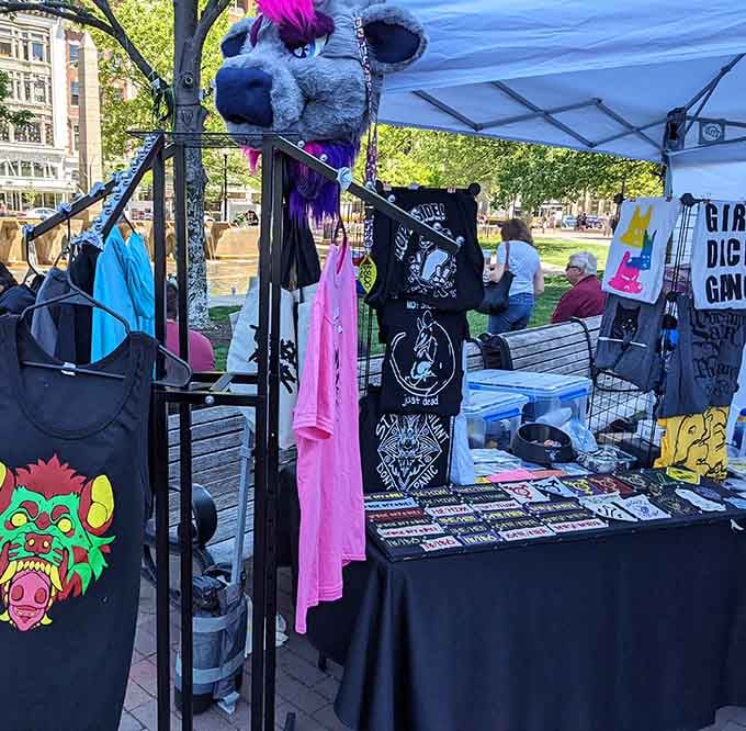 Even the non-food vendors add character, because sometimes you need a new shirt to match your tomato haul.