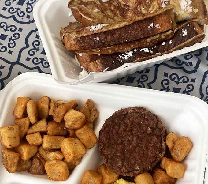 French toast and breakfast sausage team up with potatoes for a morning meal that means business.