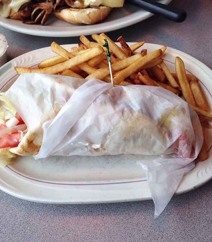 That gyro wrap looks like it's trying to escape the plate, packed with flavor and fries galore.