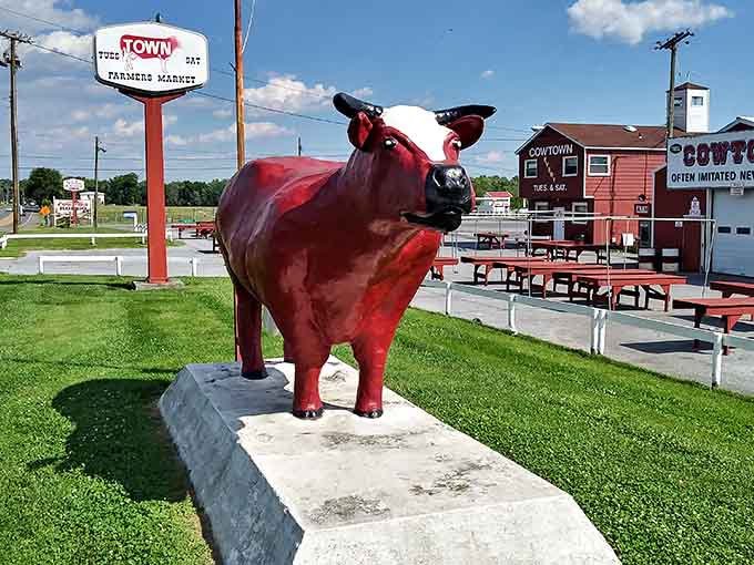 The iconic Cowtown cow statue stands guard, proving South Jersey takes its bovine mascots seriously and spectacularly.