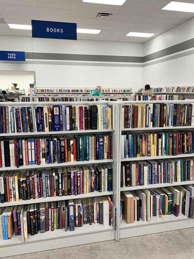 Books organized better than some actual libraries, proving thrift stores can have their act together after all.