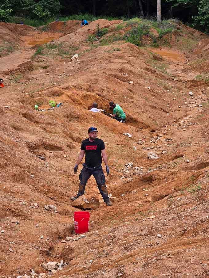 Multiple generations of rockhounds scattered across the terraced landscape, each chasing their own glittering dreams today.