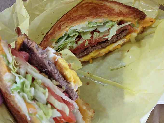 The patty melt's cross-section reveals layers of beefy, cheesy goodness that would make any diner proud nationwide.