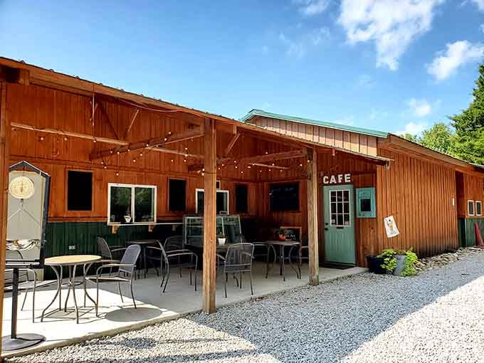 The rustic cafe building with string lights promises refreshments after you've earned them in the fields.