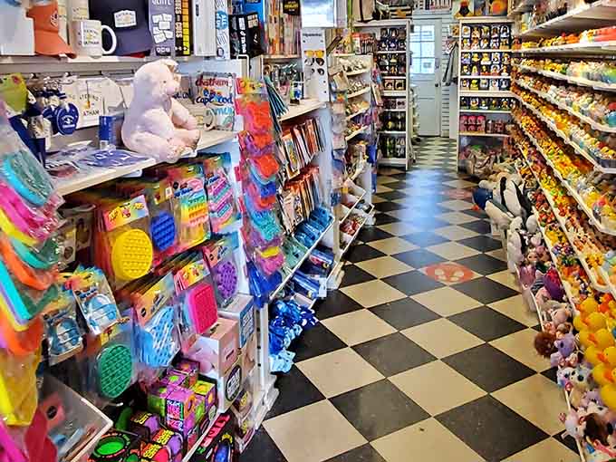 The classic black and white checkered floor gives this place a retro charm that perfectly complements its whimsical inventory.