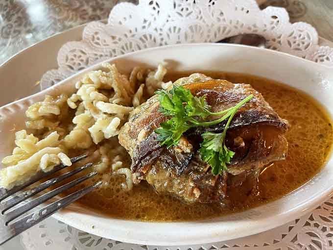 That's sp&auml;tzle doing what it does best: soaking up every drop of sauce like a delicious little sponge.