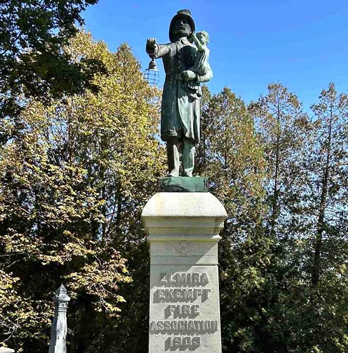 This memorial honors the brave firefighters who've protected Elmira for generations, standing tall through every season and storm.