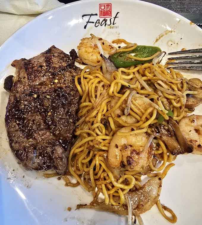 Steak, shrimp, and noodles walk into a buffet&mdash;this isn't a joke, it's just your dinner plate tonight.