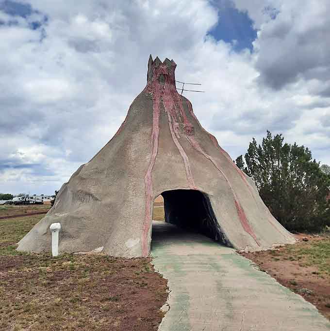 Every proper prehistoric town needs a volcano, and this one provides the perfect backdrop for family photos.