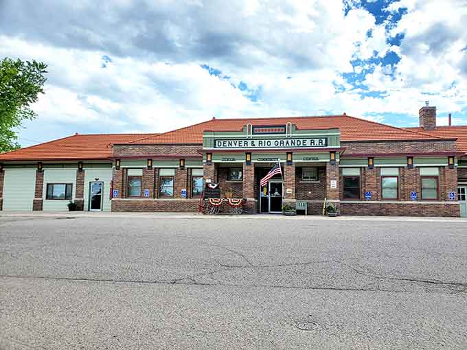 The vintage senior community center now welcomes visitors with patriotic bunting, proving old buildings can find wonderful new purposes while keeping their soul.