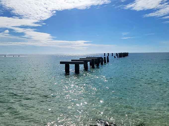 Old pier remnants create perfect perches for pelicans contemplating their next dive-bombing fishing expedition.
