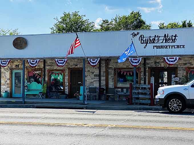 Patriotic bunting and turquoise trim make this marketplace as photogenic as the treasures waiting inside its welcoming doors.