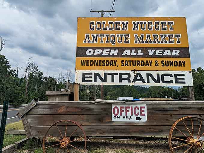 That vintage signage tells you everything: open year-round, three days weekly, and ready for your treasure-hunting adventures.