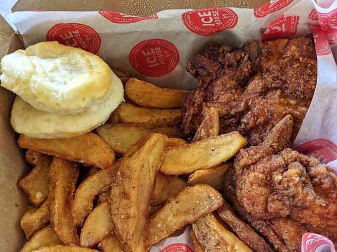 Fluffy biscuits and seasoned wedges prove that even the supporting cast deserves a standing ovation here.