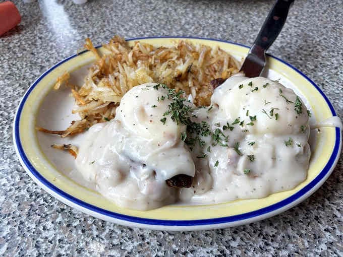 Country-style benedict with hash browns so crispy they could double as edible architecture.