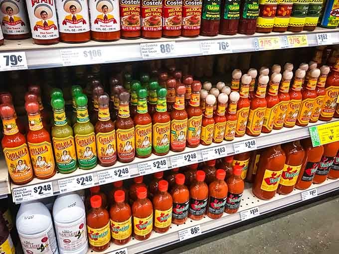 The hot sauce selection ranges from "pleasant tingle" to "why did I do this to myself" in glorious variety.
