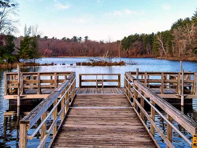 This pier stretches into tranquility, perfect for fishing, contemplating life, or just avoiding your phone.