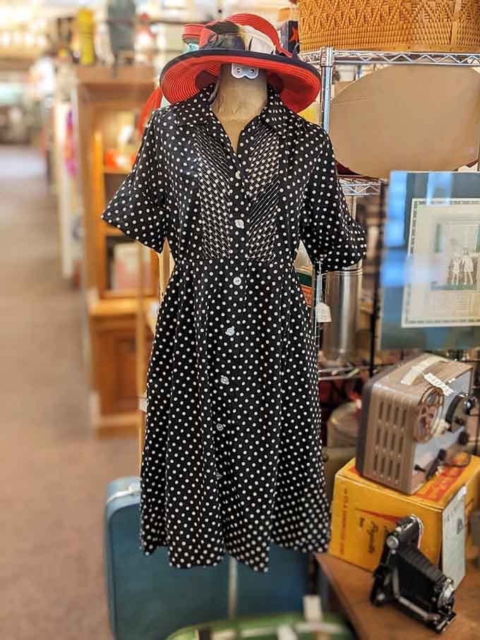 That polka dot dress and red hat combo is giving serious "lunch with the girls" energy.