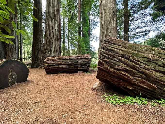 Fallen redwood logs the size of small houses remind you that even giants eventually take a rest.