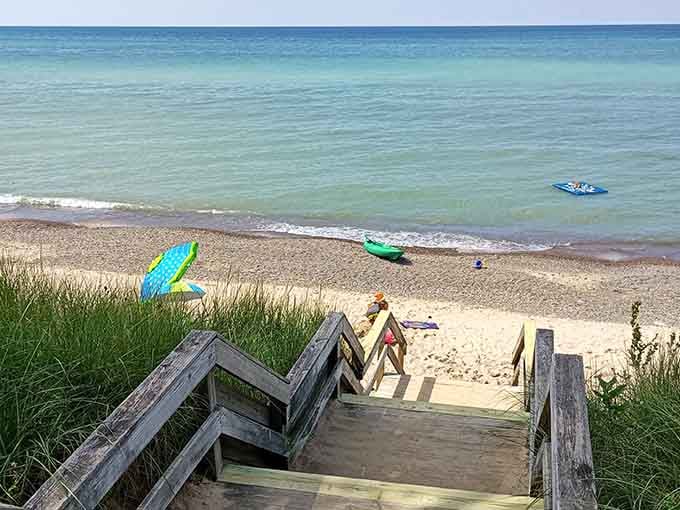 Those wooden stairs are your golden ticket to a beach that shouldn't exist in Indiana, but does.