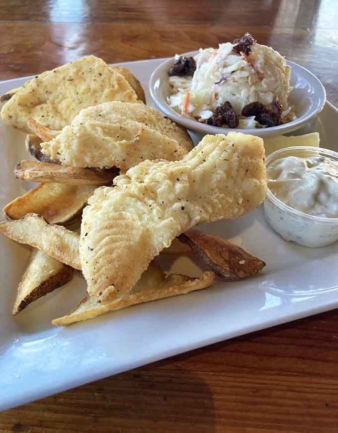 Golden, crispy halibut with coleslaw and fries proves that sometimes the classics absolutely nail it every time.