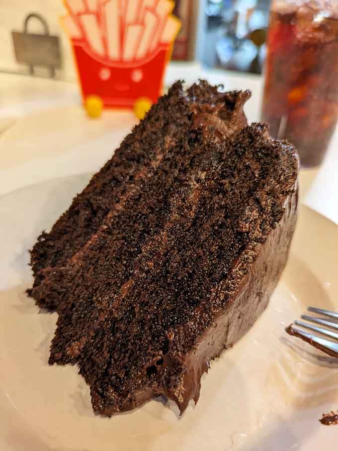 This chocolate cake slice stands tall and proud, ready to make you forget every salad you ever pretended to enjoy.