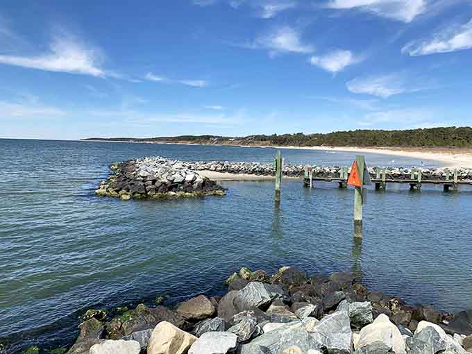 Rock jetties protect the swimming area while creating prime fishing spots for patient anglers with dreams.