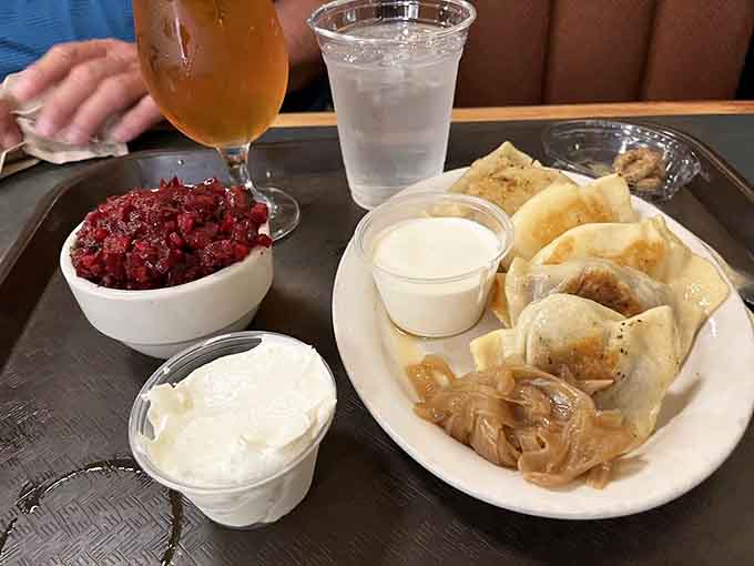 That ruby-red beet salad isn't just pretty, it's the tangy sidekick your pierogies have been waiting for.