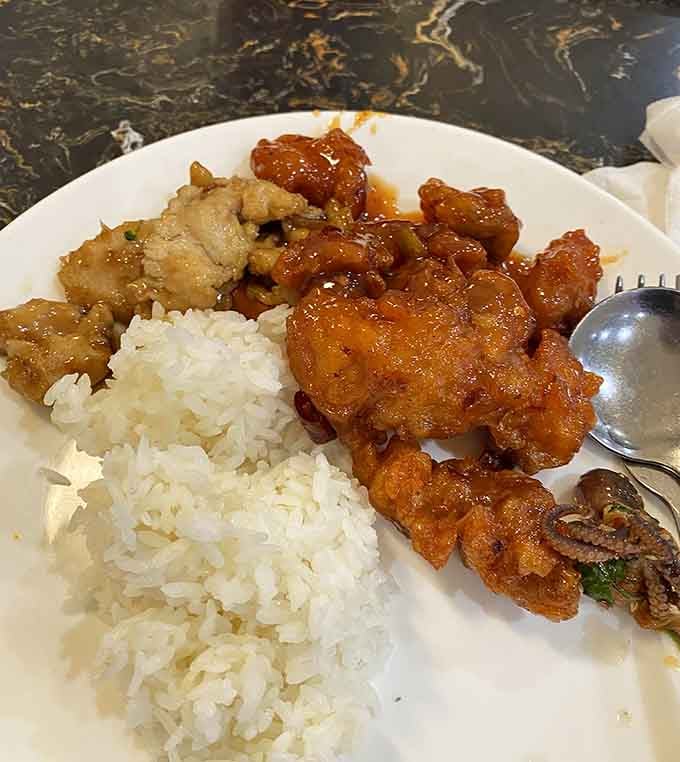 General Tso's chicken glistening next to white rice, looking exactly like comfort food is supposed to look: unapologetically delicious.